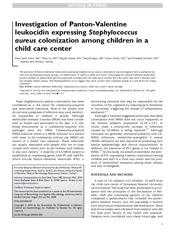 (PDF) Molecular Study of Panton-Valentine Leukocidin Genes among Staphylococcus aureus Clinical ...