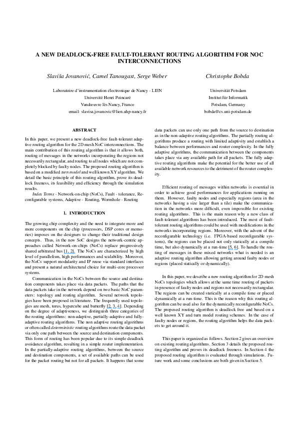 Pdf A New Deadlock Free Fault Tolerant Routing Algorithm For Noc Interconnections