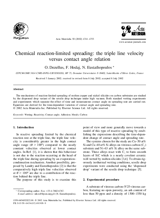 (PDF) Chemical reaction-limited spreading: the triple line velocity ...