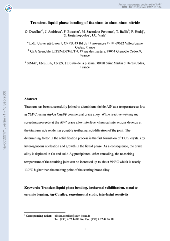 (PDF) Transient liquid phase bonding of titanium to aluminium nitride