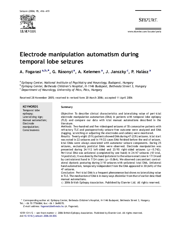 (PDF) Electrode manipulation automatism during temporal lobe seizures ...