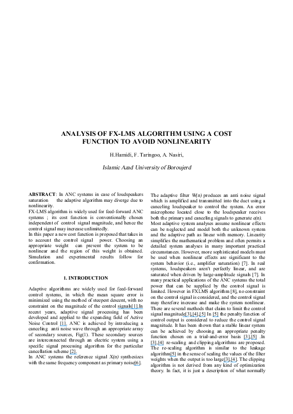 Analysis Of Fx Lms Algorithm Using A Cost Function To Avoid Nonlinearity