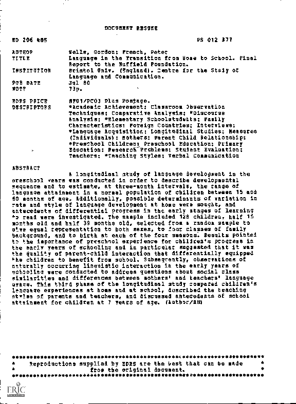 (PDF) Language in the Transition from Home to School. Final Report to the Nuffield Foundation