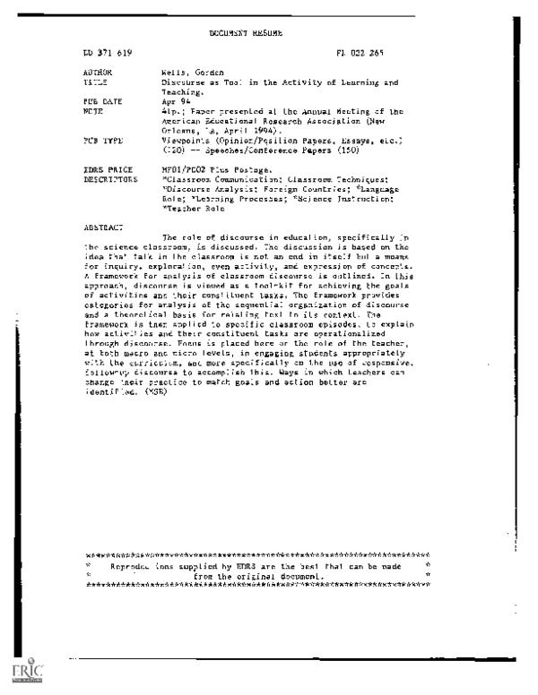 (PDF) Discourse as Tool in the Activity of Learning and Teaching | Gordon Wells - Academia.edu