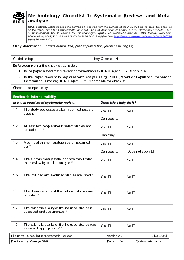 (DOC) Methodology Checklist : Systematic Reviews and Meta-analyses