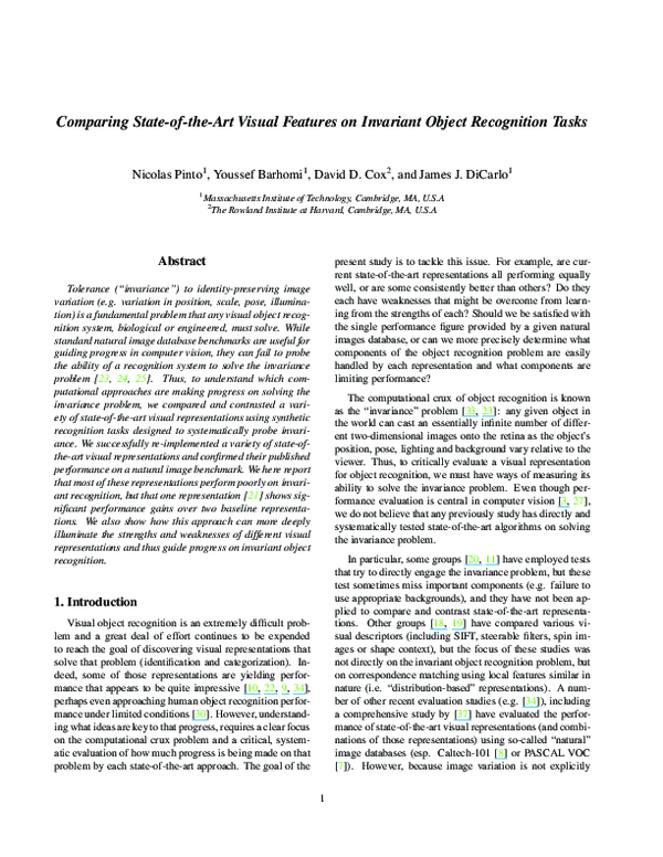 Pdf Comparing State Of The Art Visual Features On Invariant Object Recognition Tasks