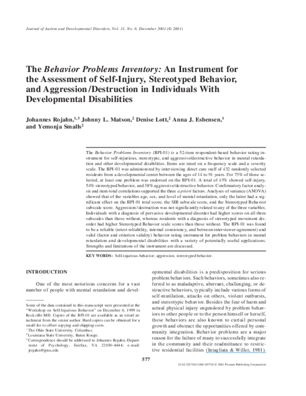 Pdf The Behavior Problems Inventory Reliability And Factor Validity In Institutionalized