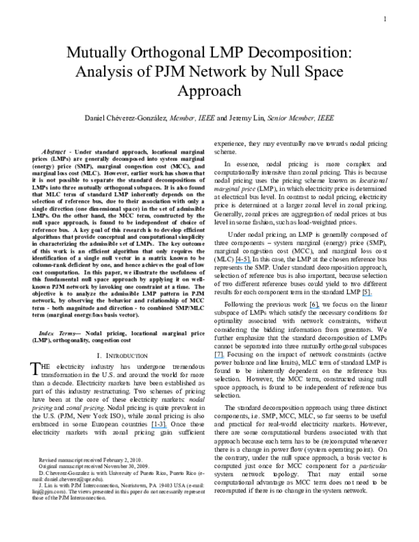 (PDF) Mutually orthogonal LMP decomposition: Analysis of PJM network by null space approach
