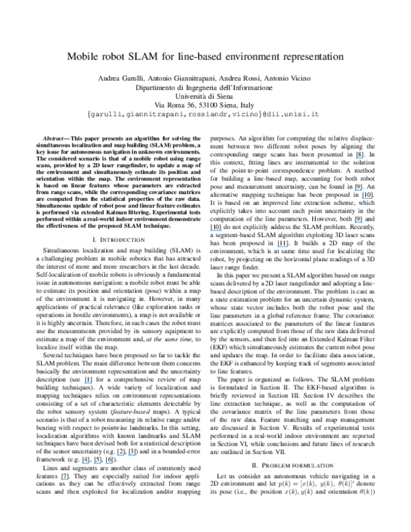 Pdf Mobile Robot Slam For Line Based Environment Representation