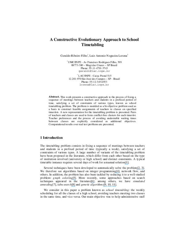 Pdf A Constructive Evolutionary Approach To School Timetabling