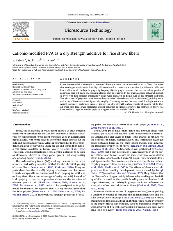 (PDF) Cationic-modified PVA as a dry strength additive for rice straw ...