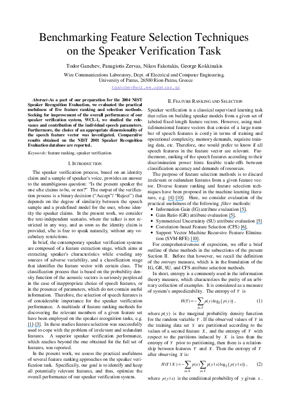 (PDF) Benchmarking Feature Selection Techniques on the Speaker ...