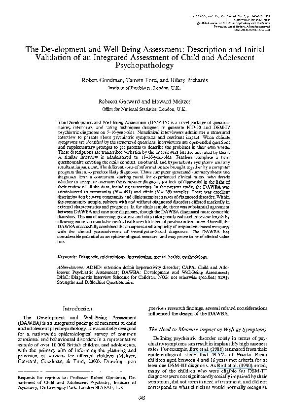 (PDF) The Development and Well-Being Assessment: Description and Initial Validation of an ...