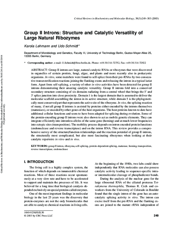 (PDF) Group II Introns: Structure and Catalytic Versatility of Large ...