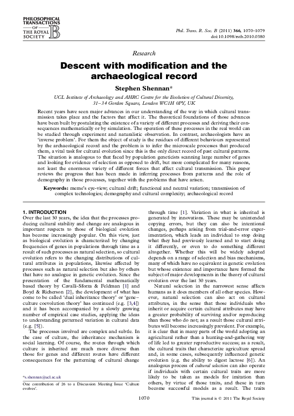 (PDF) Descent with modification and the archaeological record