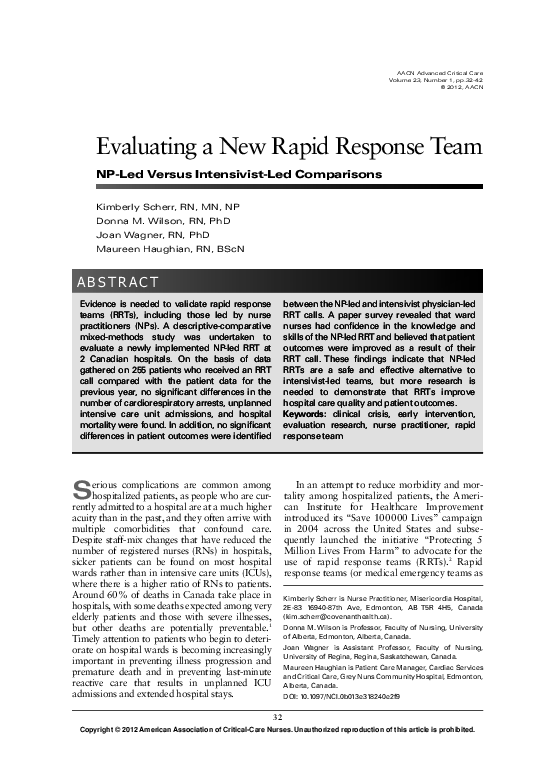 (PDF) Evaluating a New Rapid Response Team | Joan Wagner - Academia.edu