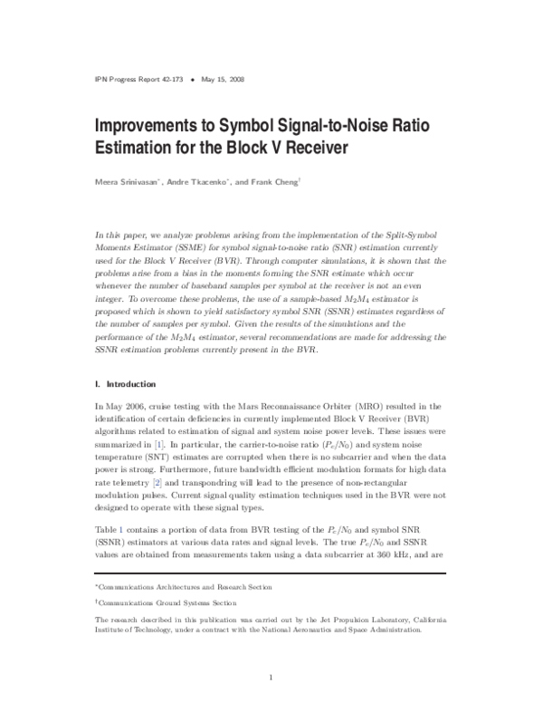 (PDF) Improvements to Symbol Signal-to-Noise Ratio Estimation for the Block V Receiver
