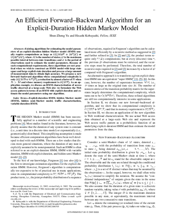 Pdf An Efficient Forward Backward Algorithm For An Explicit Duration Hidden Markov Model O