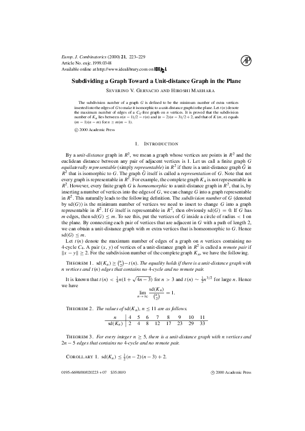 (PDF) Subdividing a Graph Toward a Unit-distance Graph in the Plane ...