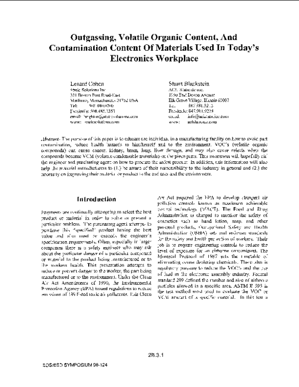 (PDF) Outgassing, volatile organic content, and contamination content of materials used in today ...