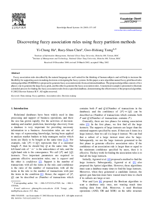 (PDF) Discovering fuzzy association rules using fuzzy partition methods