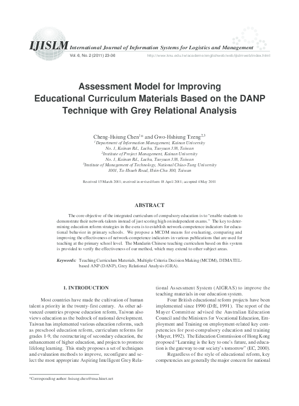(PDF) Assessment Model for Improving Educational Curriculum Materials based on the DANP ...