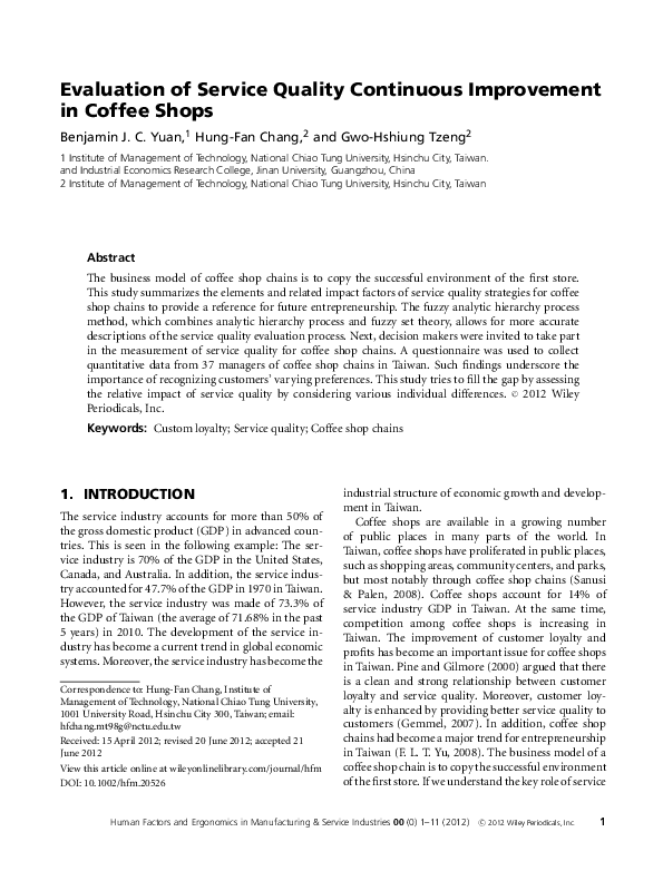 (PDF) Evaluation of service quality continuous improvement in coffee shops