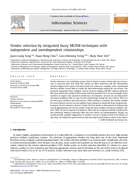 Pdf Vendor Selection By Integrated Fuzzy Mcdm Techniques With Independent And Interdependent