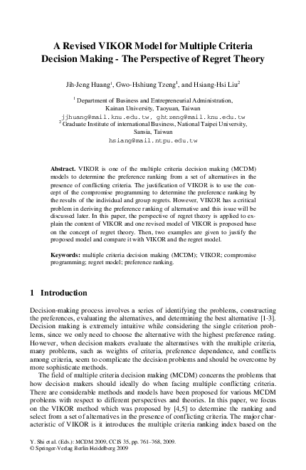 Pdf A Revised Vikor Model For Multiple Criteria Decision Making The