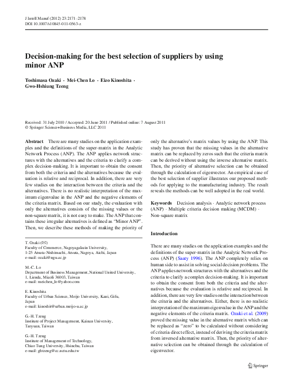 (PDF) Decision-making for the best selection of suppliers by using minor ANP