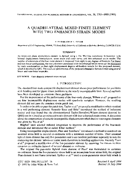 Pdf A Quadrilateral Mixed Finite Element With Two Enhanced Strain Modes
