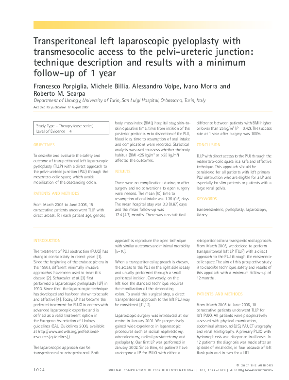 (PDF) Transperitoneal left laparoscopic pyeloplasty with transmesocolic ...