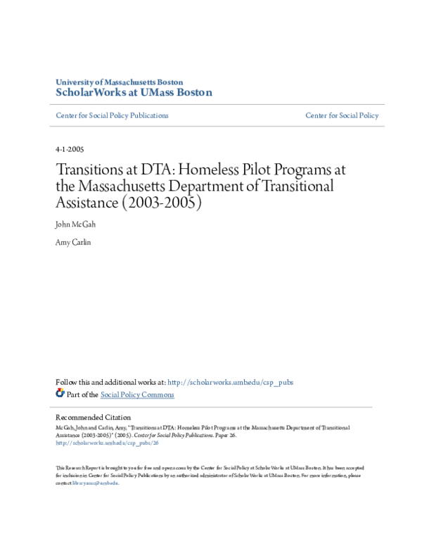 (PDF) Transitions at DTA: Homeless Pilot Programs at the Massachusetts ...
