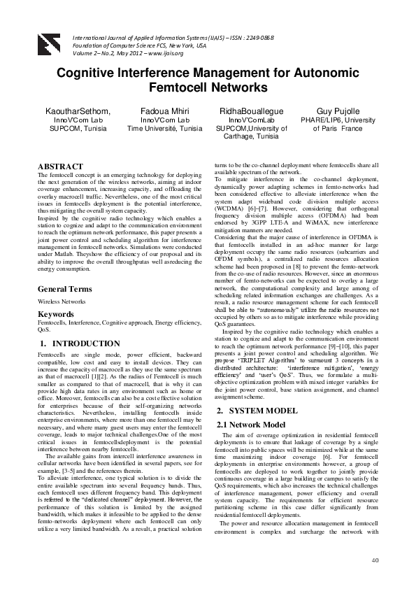 Pdf Cognitive Interference Management In Femtocells 