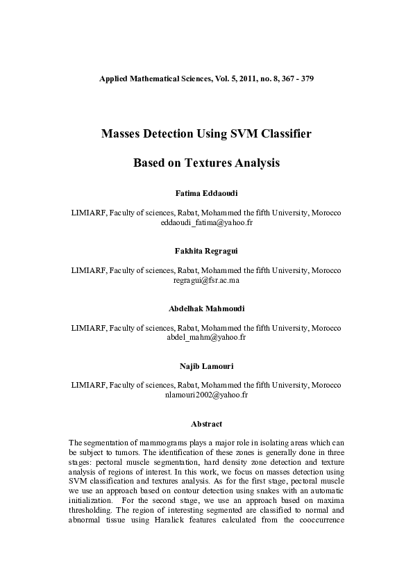 (PDF) Masses Detection Using SVM Classifier Based on Textures Analysis
