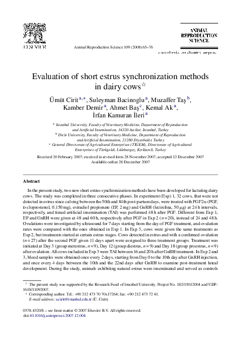 Pdf Evaluation Of Short Estrus Synchronization Methods In Dairy Cows
