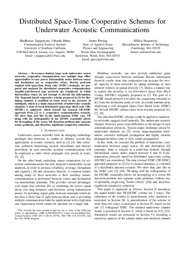 (PDF) Distributed Space–Time Cooperative Schemes for Underwater Acoustic Communications