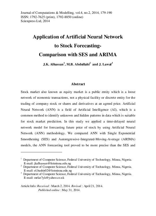 Pdf Application Of Artificial Neural Network To Stock Forecasting Comparison With Ses And Arima