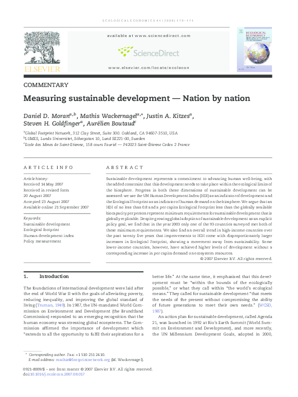 (PDF) Measuring sustainable development — Nation by nation