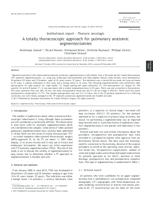 Pdf A Totally Thoracoscopic Approach For Pulmonary Anatomic Segmentectomies Christiane