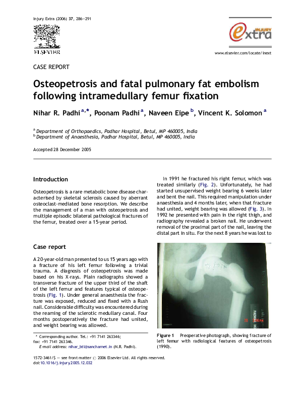 (PDF) Osteopetrosis and fatal pulmonary fat embolism following ...