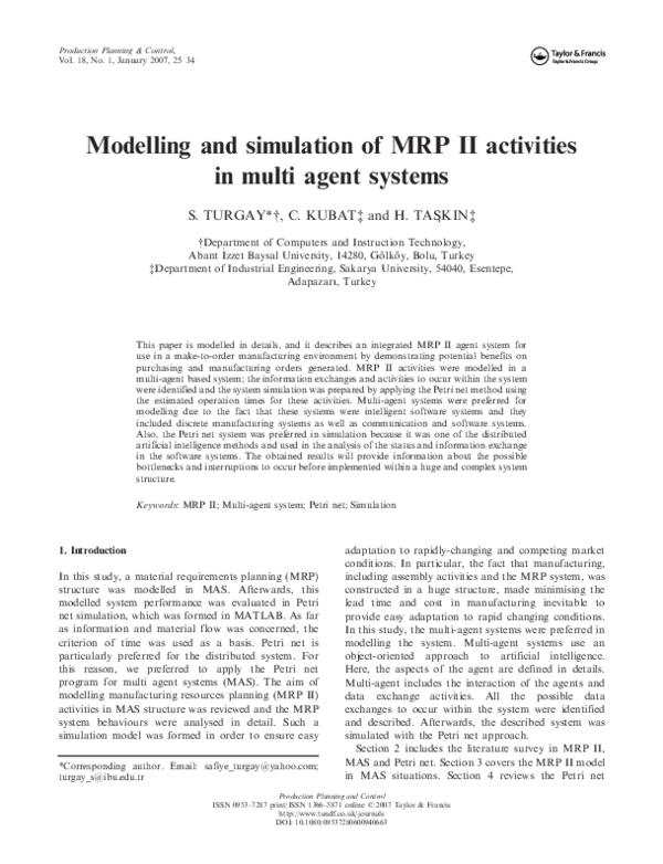 Pdf Modelling And Simulation Of Mrp Ii Activities In Multi Agent Systems