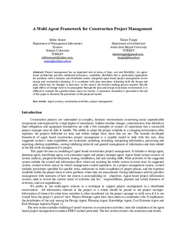 (PDF) A Multi Agent Framework for Construction Project Management