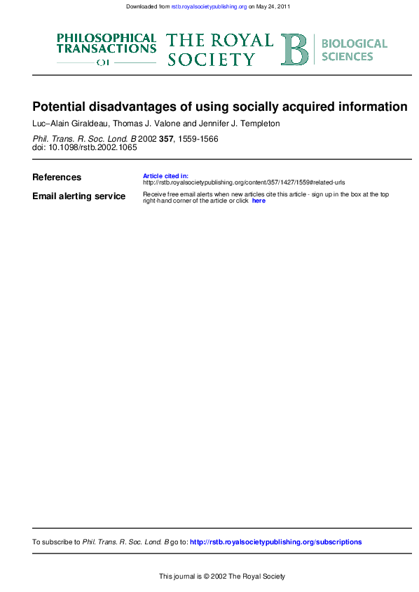 (PDF) Potential disadvantages of using socially acquired information
