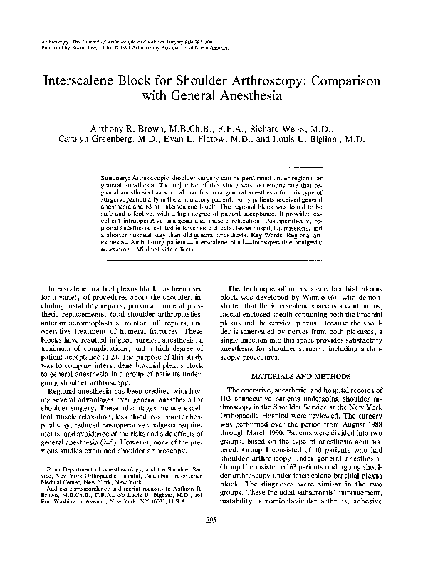 (PDF) Interscalene block for shoulder arthroscopy: Comparison with ...
