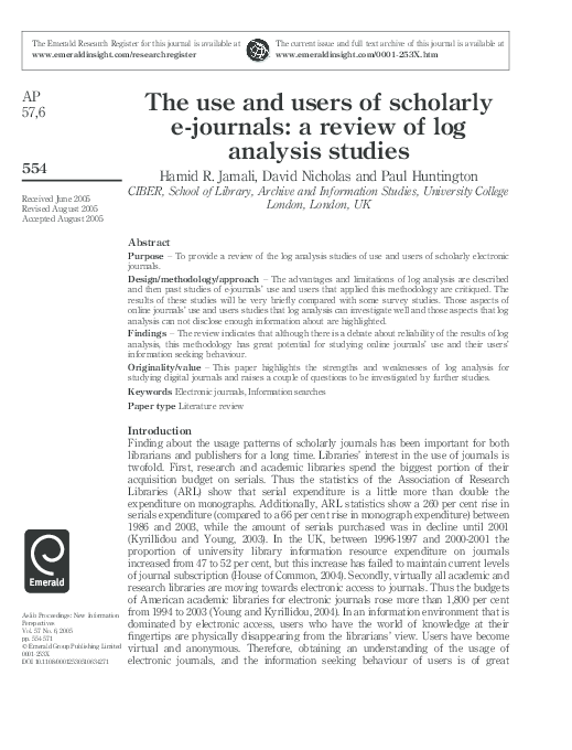 (PDF) The use and users of scholarly e-journals: a review of log ...