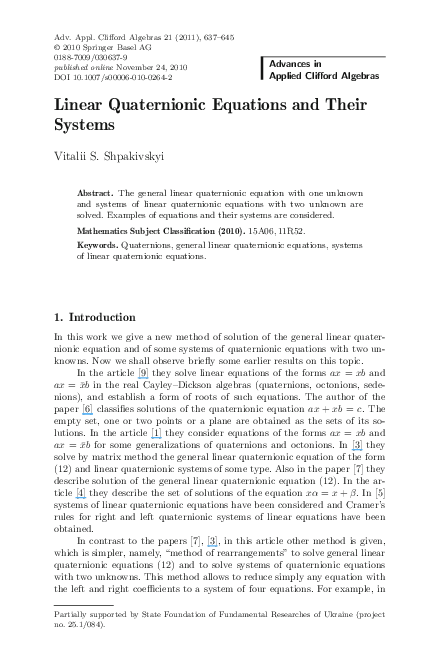 Pdf Linear Quaternionic Equations And Their Systems
