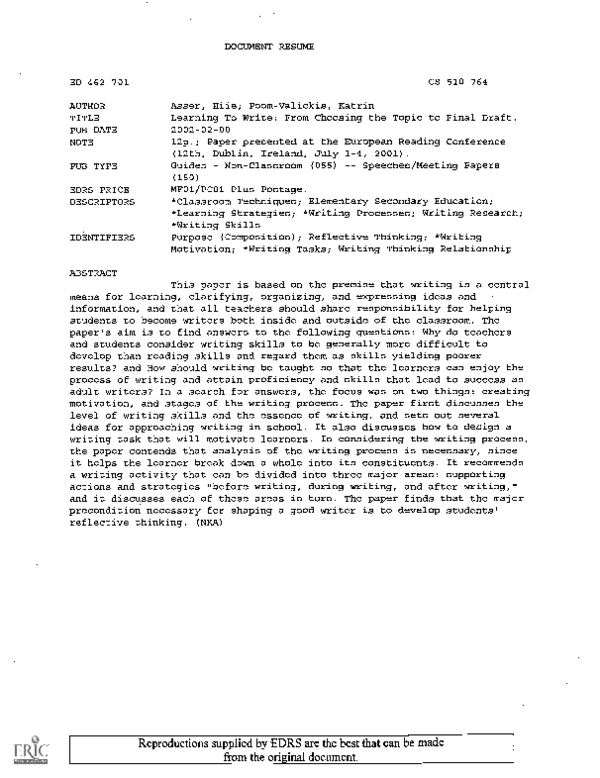 (PDF) Learning To Write: From Choosing the Topic to Final Draft