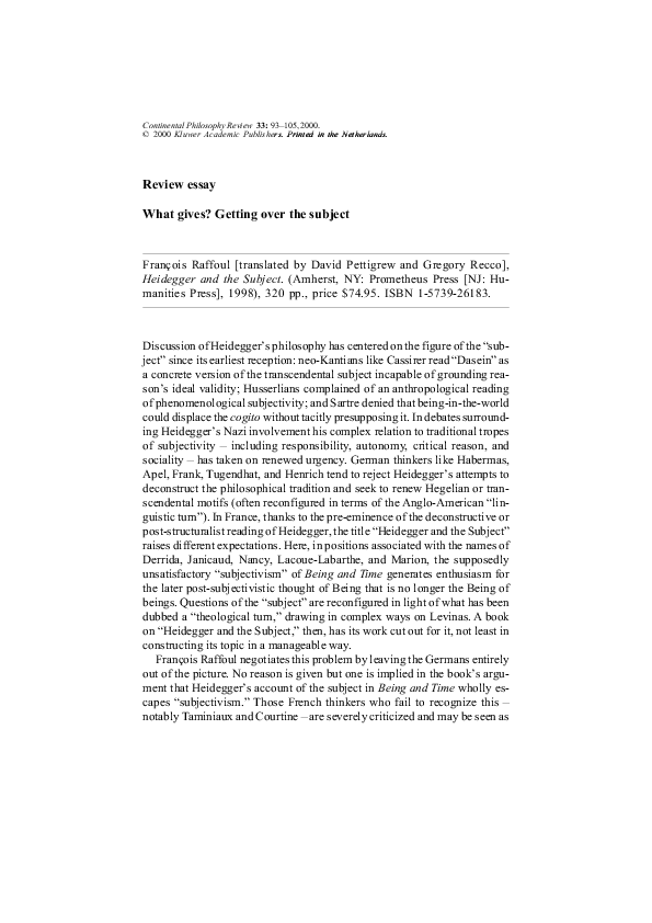 (PDF) What gives? Getting over the subject: François Raffoul, Heidegger ...