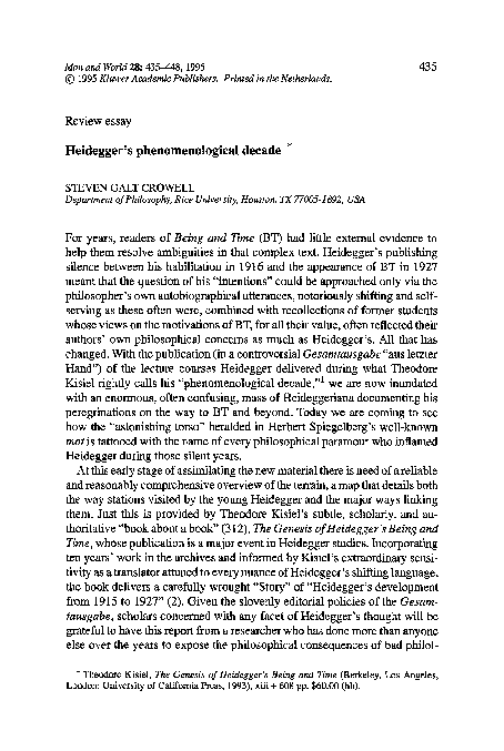 (PDF) Heidegger's phenomenological decade